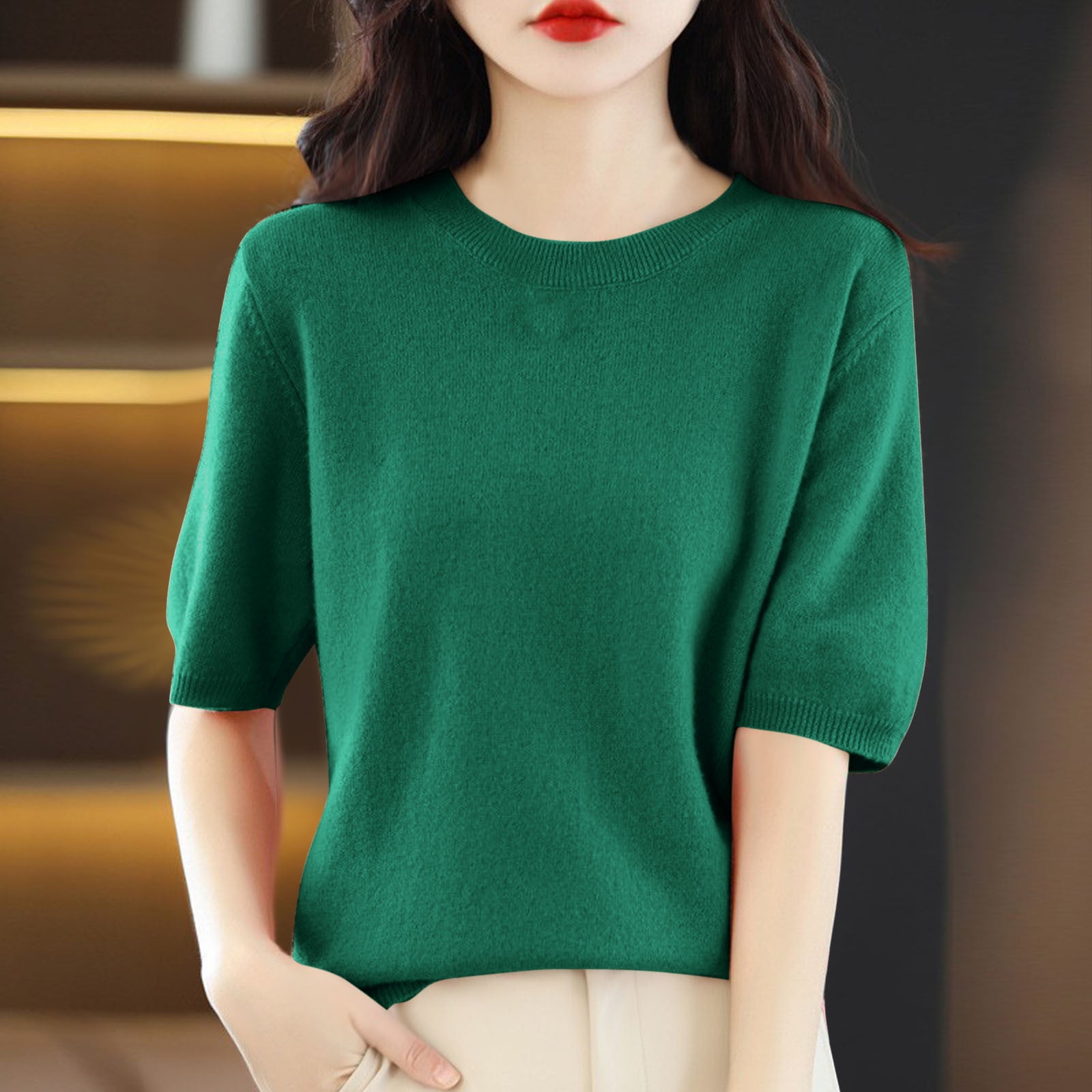 BRGZLK Short Sleeve Sweater Tops for Women Solid Color Base Layer Shirt ...