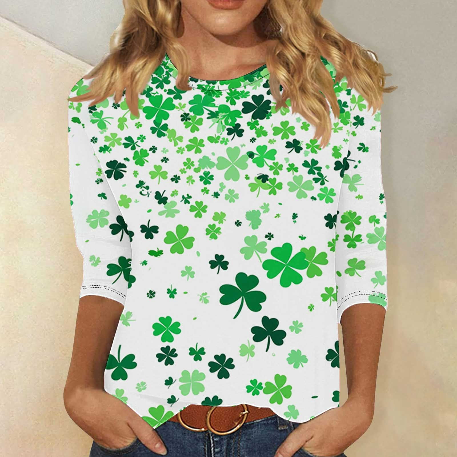 BRGZLK St Patricks Day Shirt Women Cute Shamrock Print 3/4 Sleeve Round ...