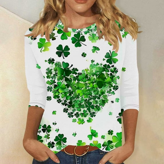 BRGZLK St Patricks Day Shirt Women Cute Shamrock Print 3/4 Sleeve Round ...