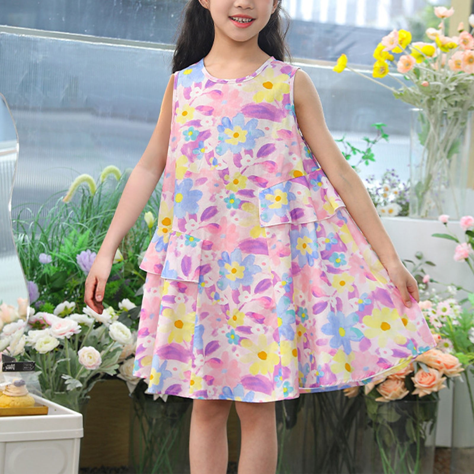 BRGZLK Summer Girls Dresses, Trendy Floral Print Round Neck Sleeveless ...
