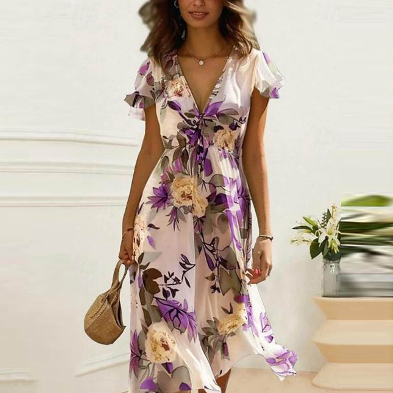 BRGZLK Summer Midi Dress for Women V-Neck Flutter Sleeves Boho ...