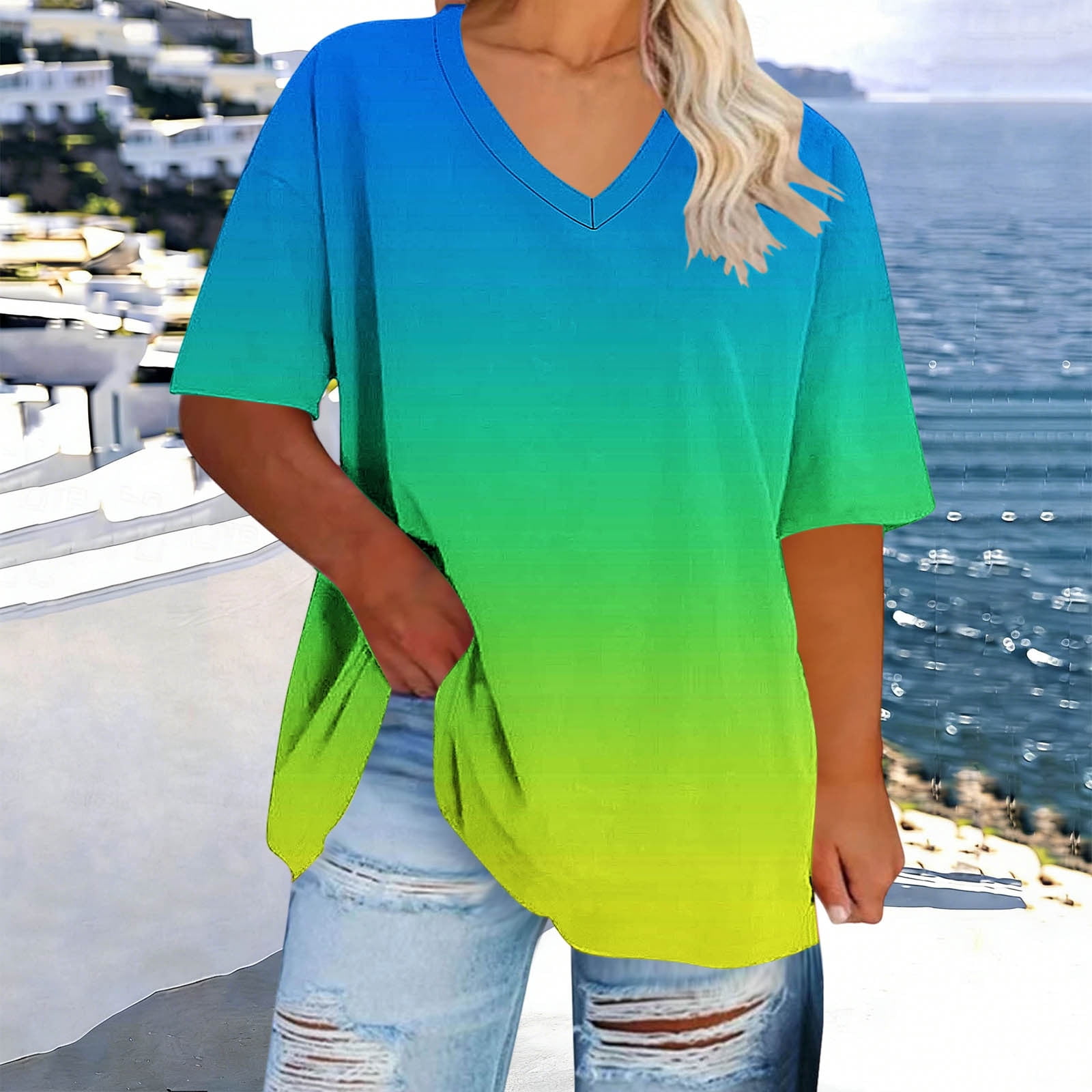 BRGZLK Summer Plus Size Tops Women Trendy V Neck Short Sleeve Gradient ...