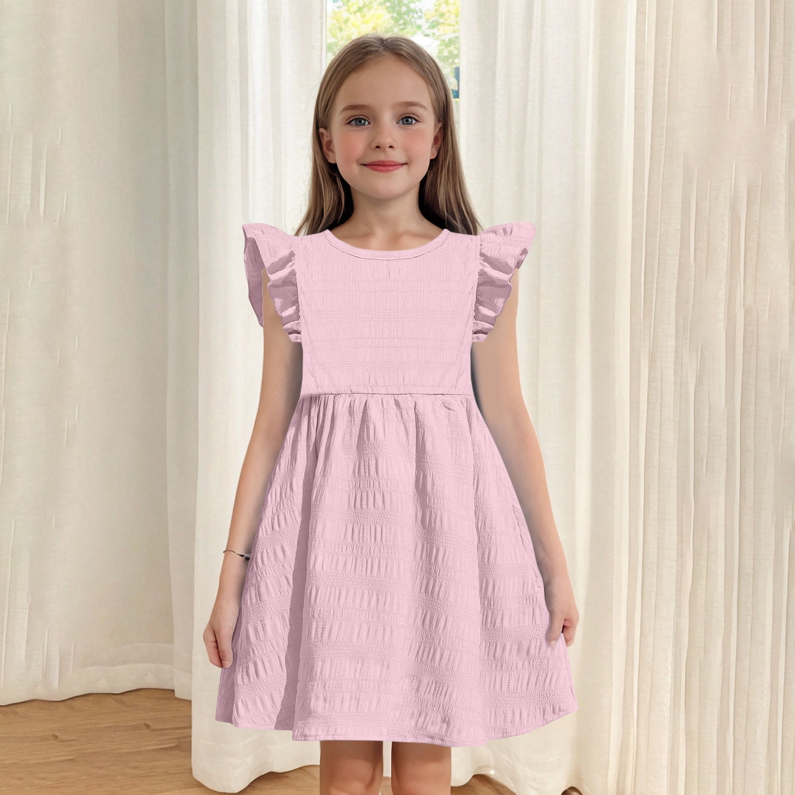 BRGZLK Tween Girls Summer Dress Trendy Solid Color Back Button Flying Sleeve Square Neck Flutter ...