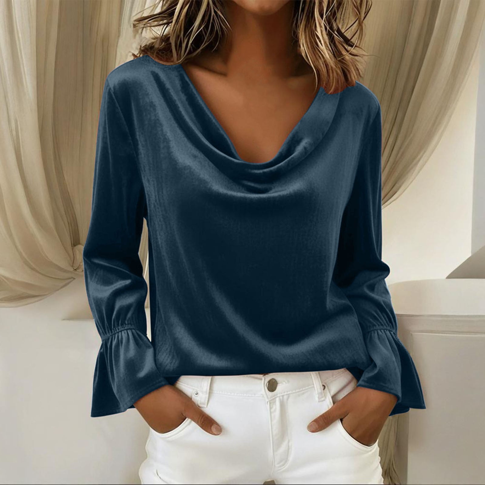BRGZLK Velvet Blouses for Womens Solid Color Temperament Velvet Bell ...