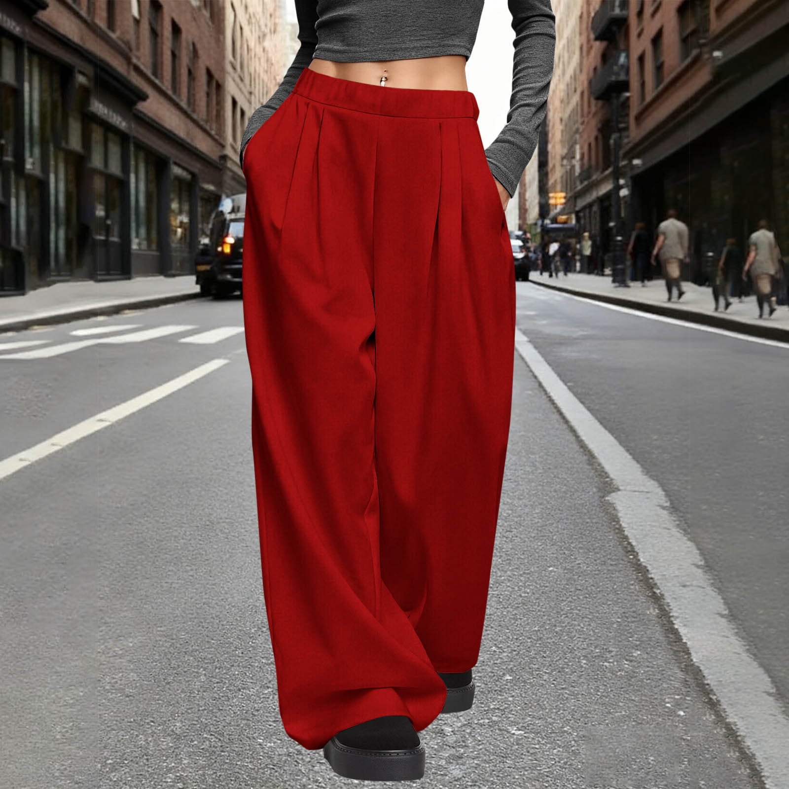 BRGZLK Wide Leg Pants for Women Fashion Casual Solid Color Pleated High ...