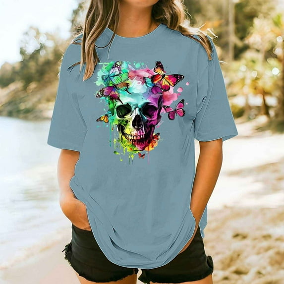 BRGZLK Women Funny Vintage T Shirts Novelty Skull Graphic Print Plus ...
