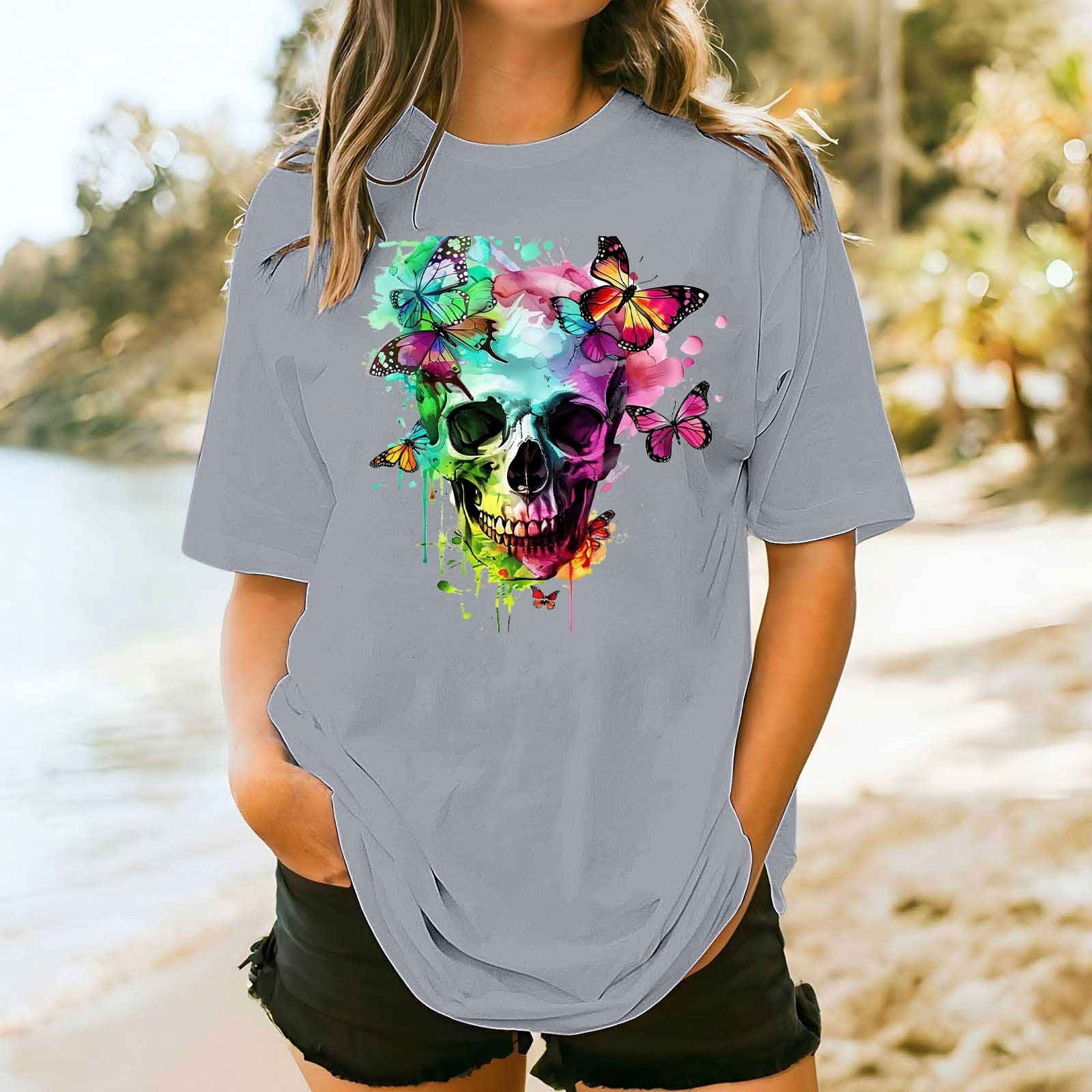 BRGZLK Women Funny Vintage T Shirts Novelty Skull Graphic Print Plus ...