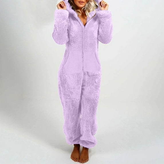 BRGZLK Women Onesies Fluffy Fleece Jumpsuit Long Sleeve Hooded with ...