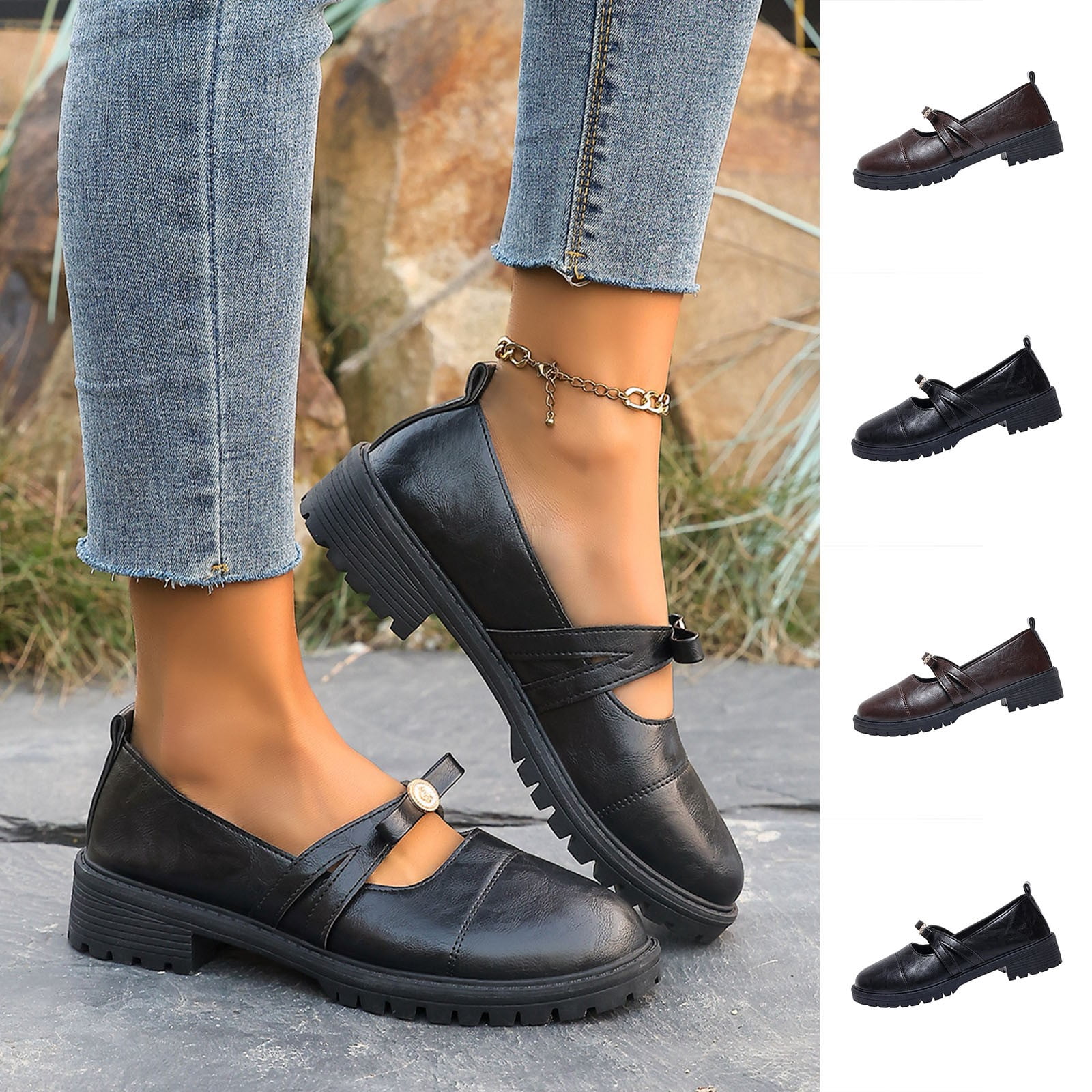 BRGZLK Women Oversized Shoes Versatile Casual Retro Thick Soled Mary ...