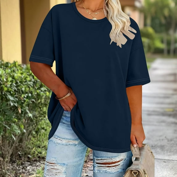 BRGZLK Women Oversized Tops 2026 Round Neck Short Sleeve Solid Color ...
