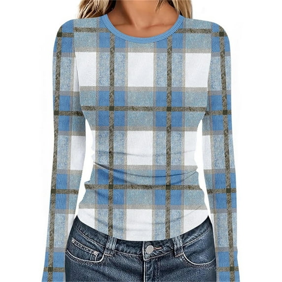 BRGZLK Women Red Black Plaid Shirts Trendy Casual Elastic Round Neck ...