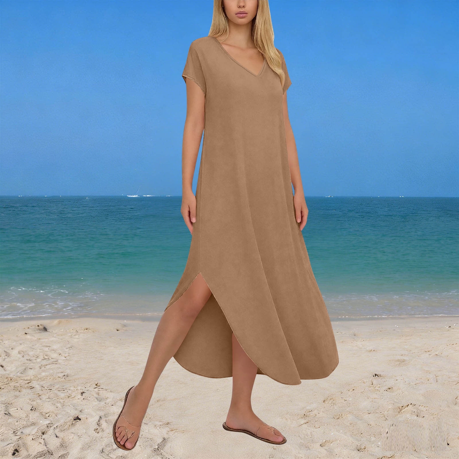 BRGZLK Women Summer Maxi Dress Solid Color Short Sleeve V Neck Casual ...