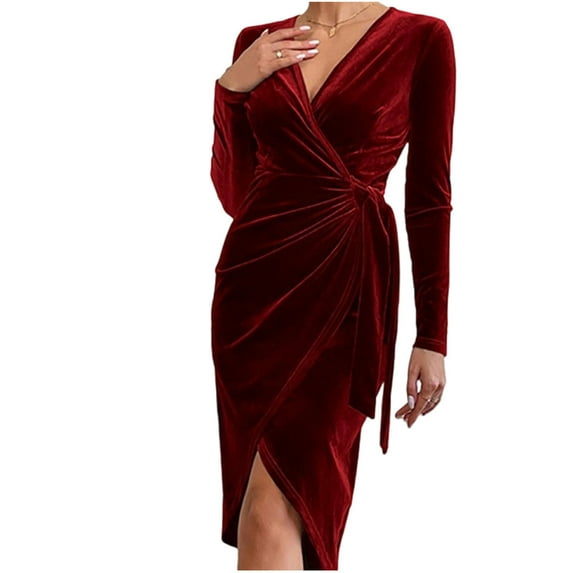 BRGZLK Women Velvet Dress Long Sleeve V Neck Dress Temperament Bodycon ...