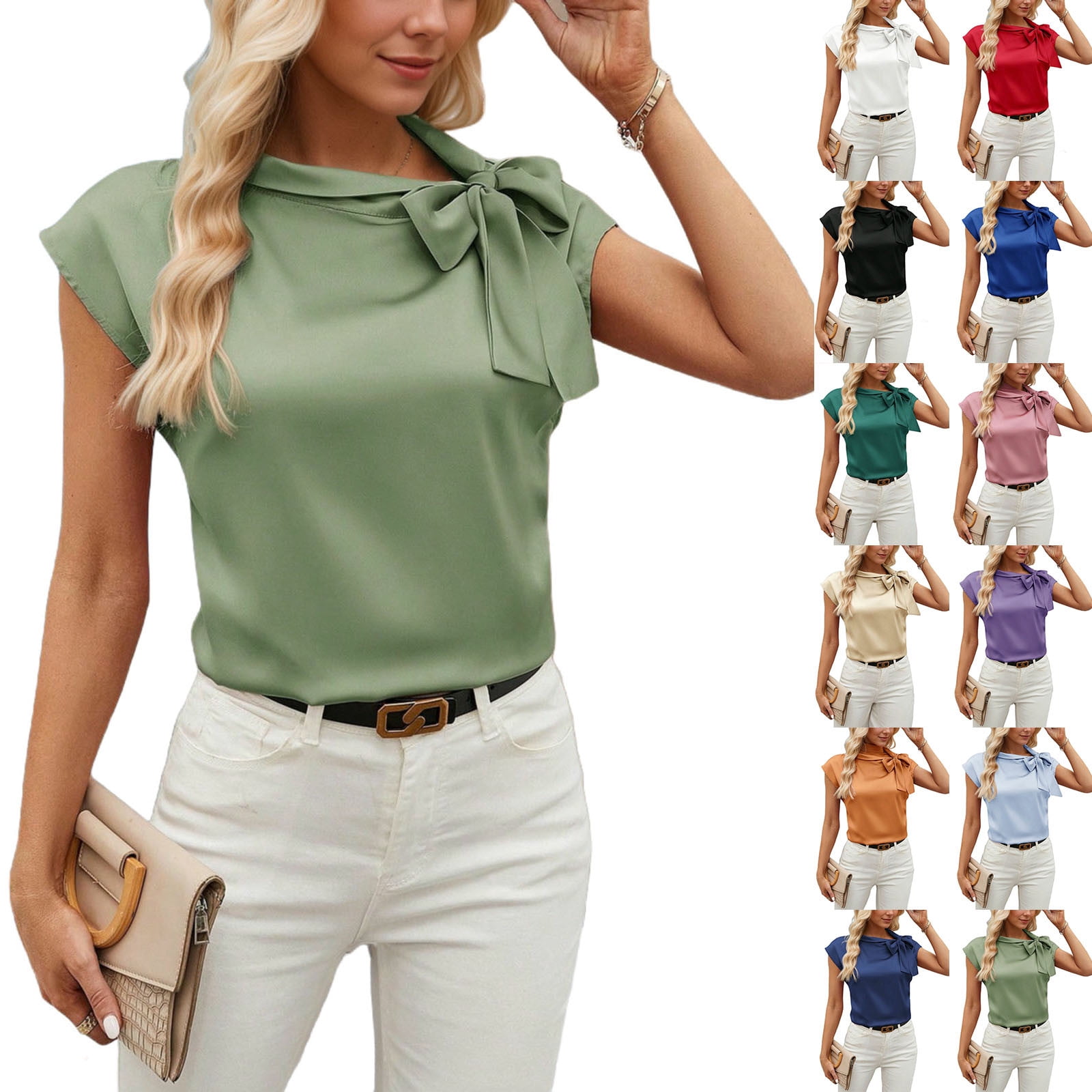 BRGZLK Women's Bow Tie Cap Sleeve Solid Color Blouse Tied Detail Top ...