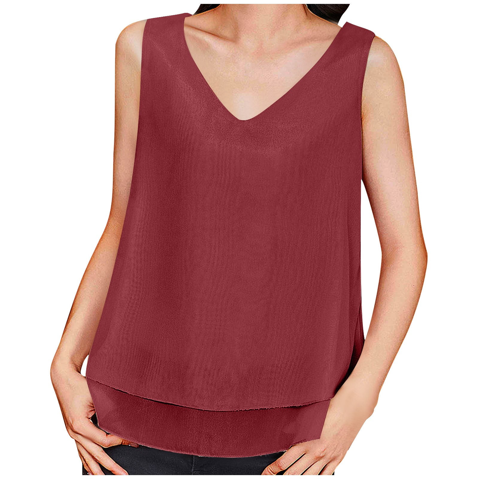 BRGZLK Women's Chiffon Tank Top Summer Fashionable Solid V-Neck ...