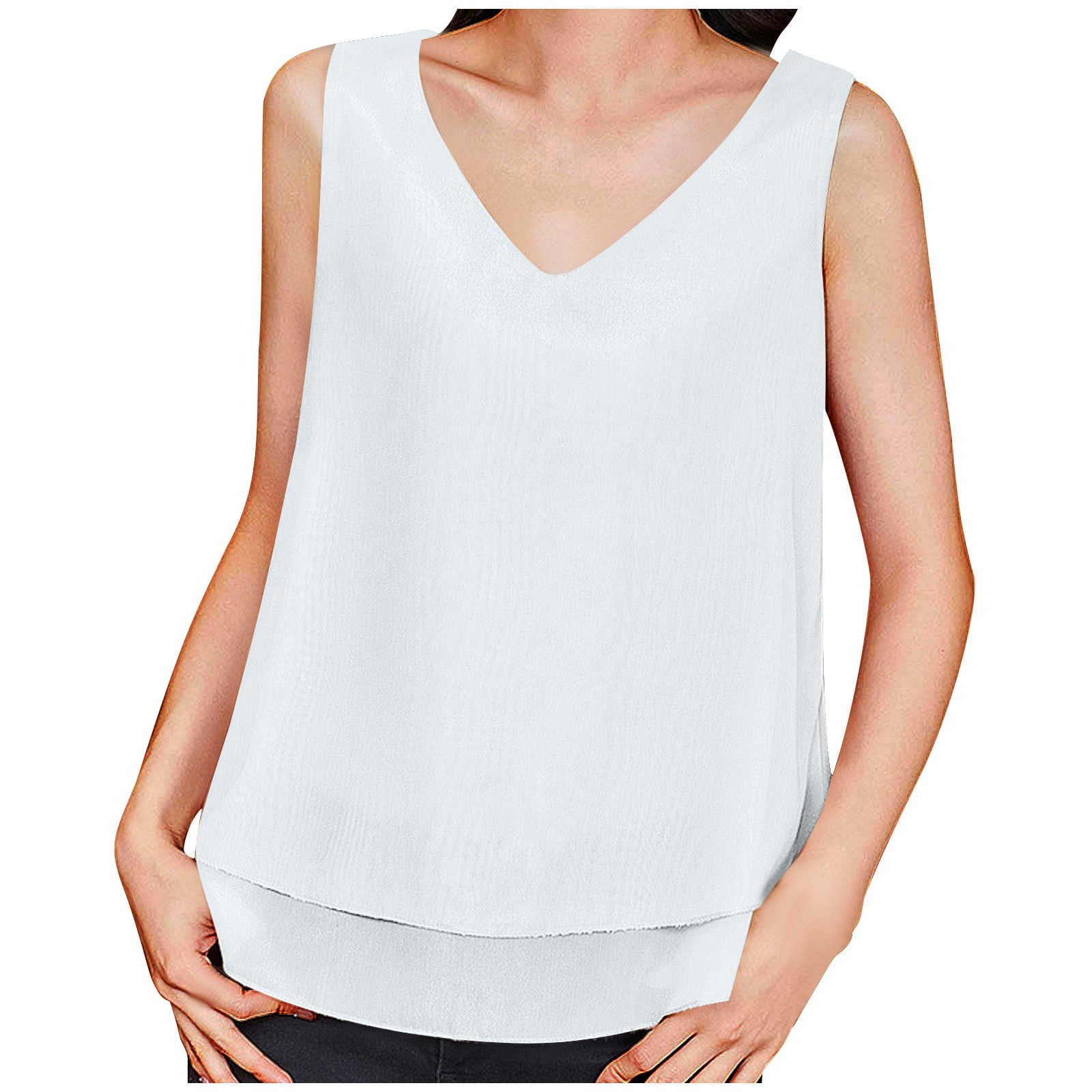 BRGZLK Women's Chiffon Tank Top Summer Fashionable Solid V-Neck ...