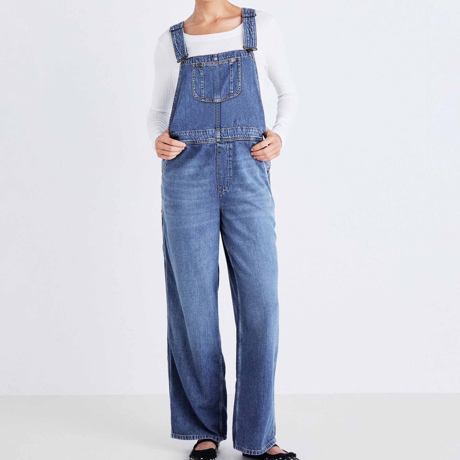 BRGZLK Women's Denim Overalls Wide Leg Bib Pants Adjustable Strap ...