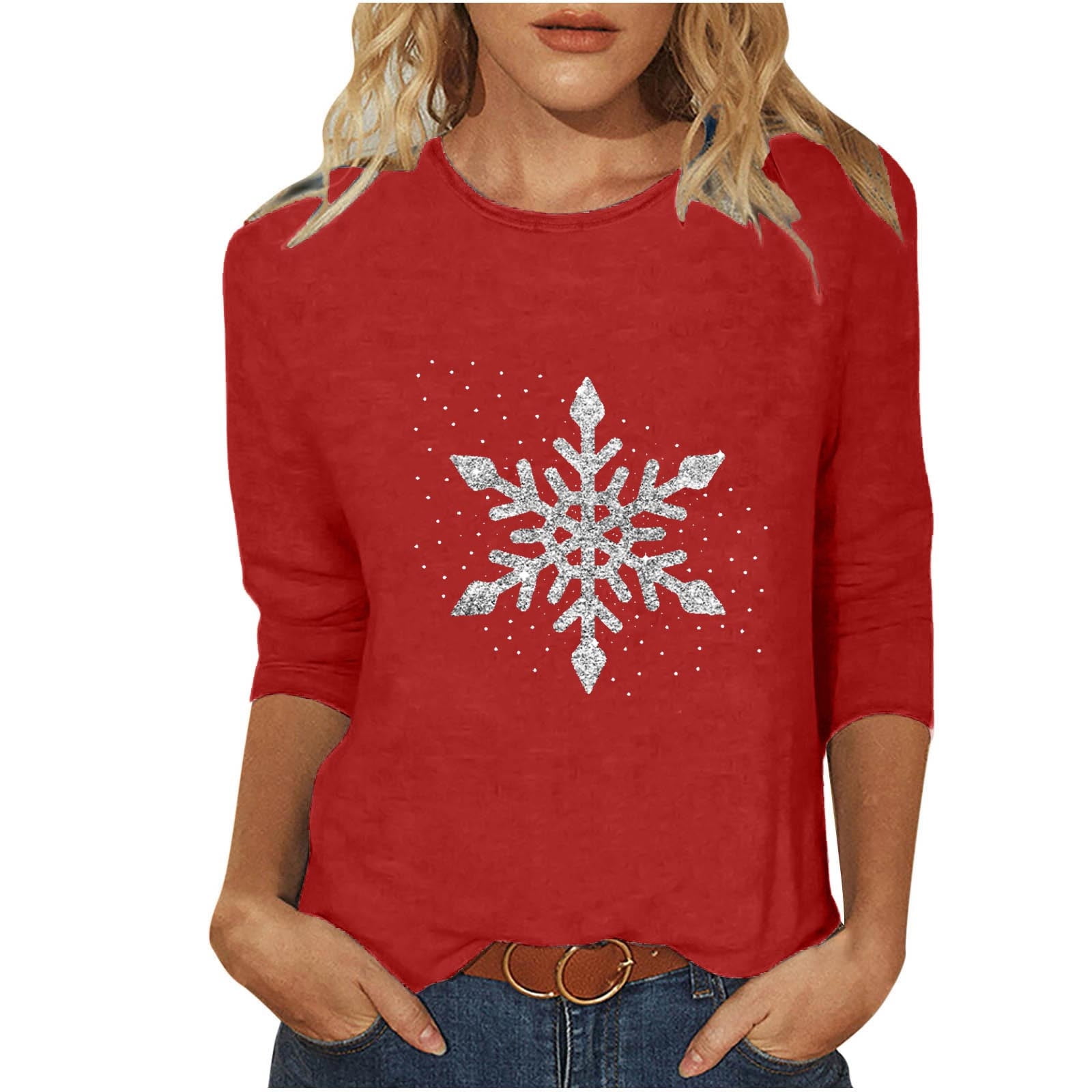 BRGZLK Women's Fashion Tops Round Neck 3/25 Sleeve Snowflake Pattern ...