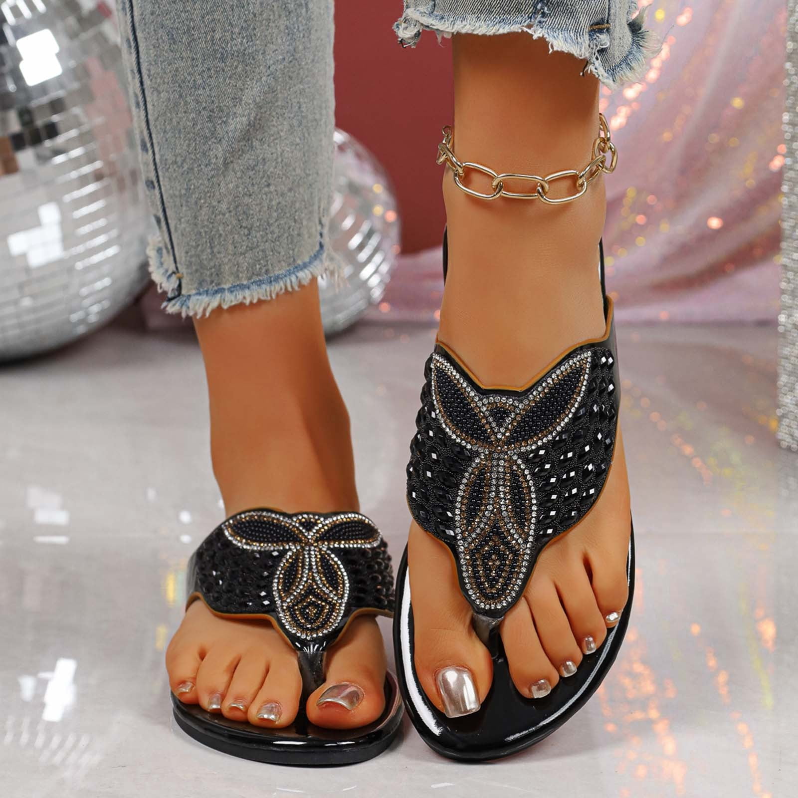 BRGZLK Women's Flat Sandals Fashion Versatile Rhinestone Plus Size ...