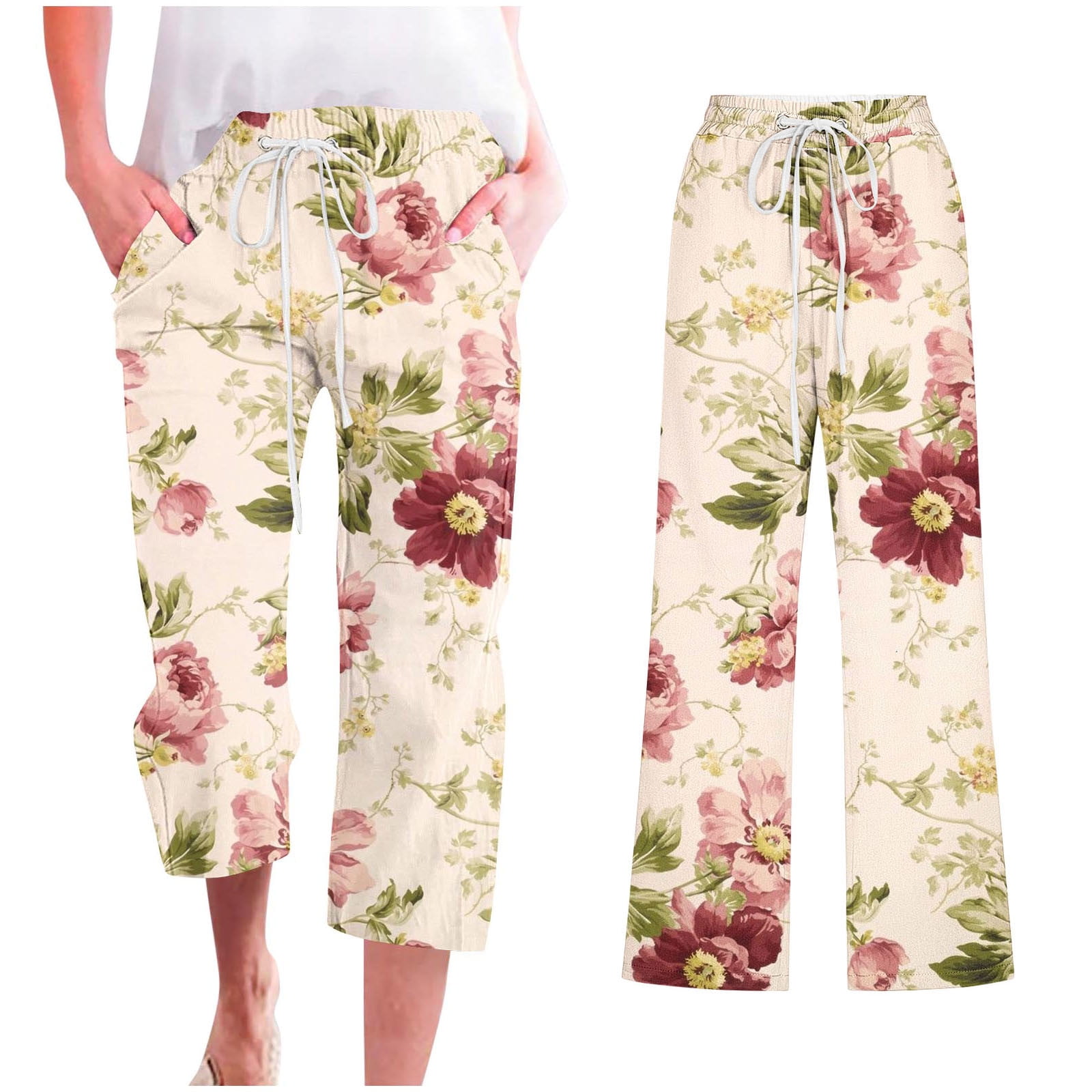 BRGZLK Women's Floral Linen Pants Fashion Comfy Casual Hawaiian Print ...