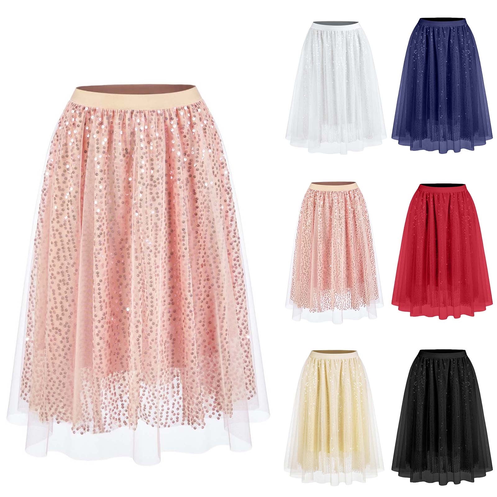 BRGZLK Women's Half Skirt Mesh Tulle Sequin Skirts Sparkly Mini Long A ...