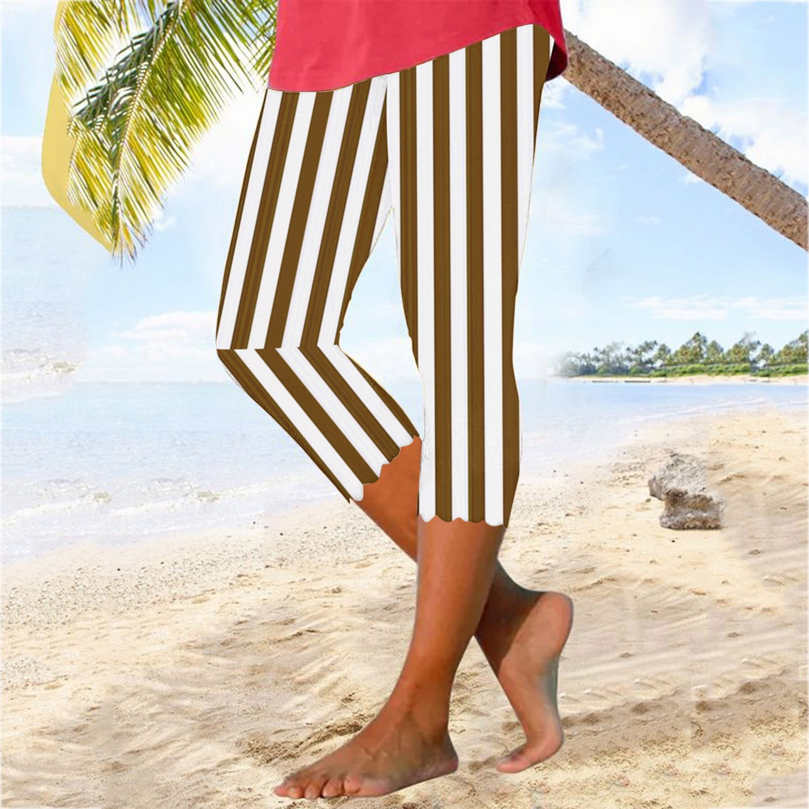 BRGZLK Women's High Waisted Stripe Printing Capris Pants Summer Beach ...
