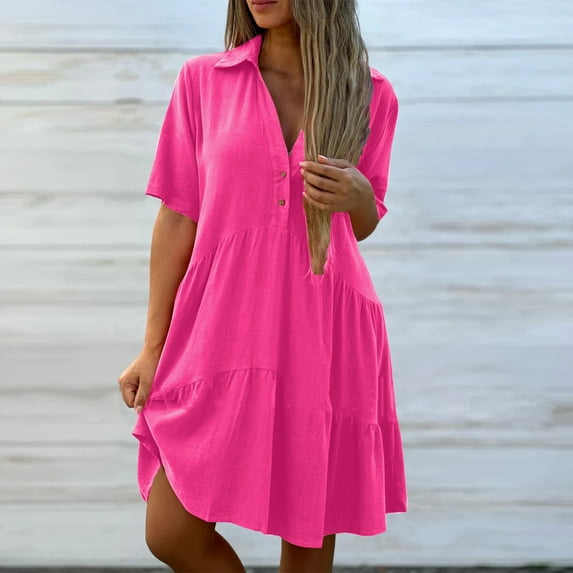 BRGZLK Women's Lapel Summer Dresses Casual Loose Solid Color Button ...