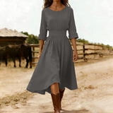 BRGZLK Women's Linen Dress 2026 Spring Summer Crewneck Solid Color Long ...