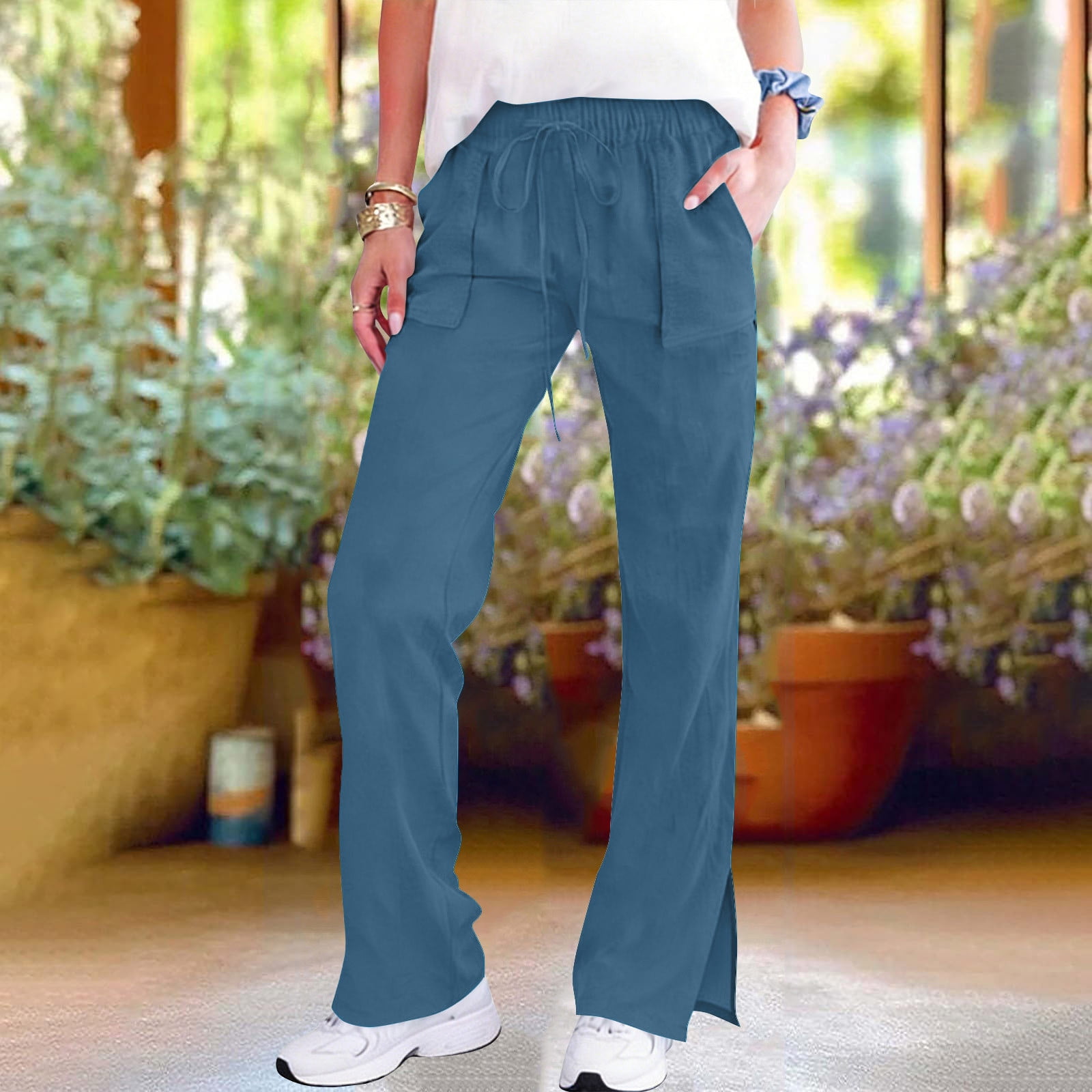 BRGZLK Women's Linen Pants Fashion Solid Color High Waisted Imitation ...