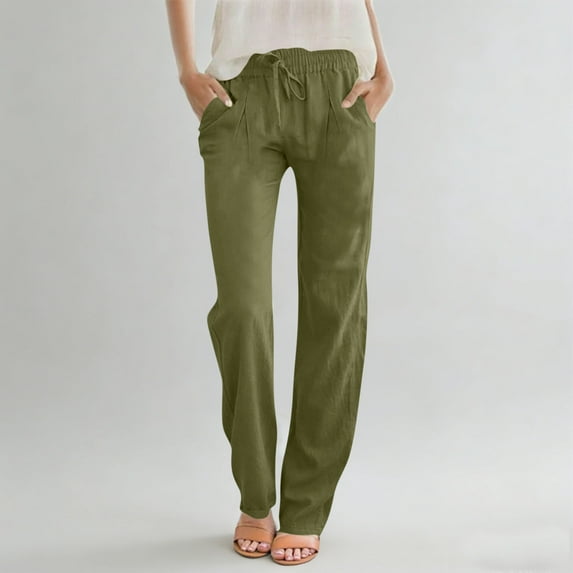 BRGZLK Women's Linen Pants Solid Color Drawstring Pleated Cotton Linen ...