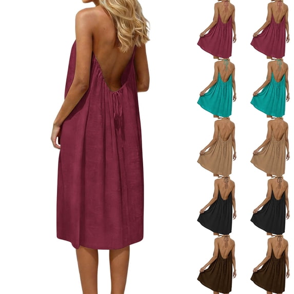 BRGZLK Women's Long Dresses Solid Color Backless Cami Dress Plus Size ...