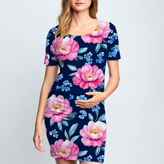 BRGZLK Women's Maternity Printed Dress - Short Sleeve Round Neck ...