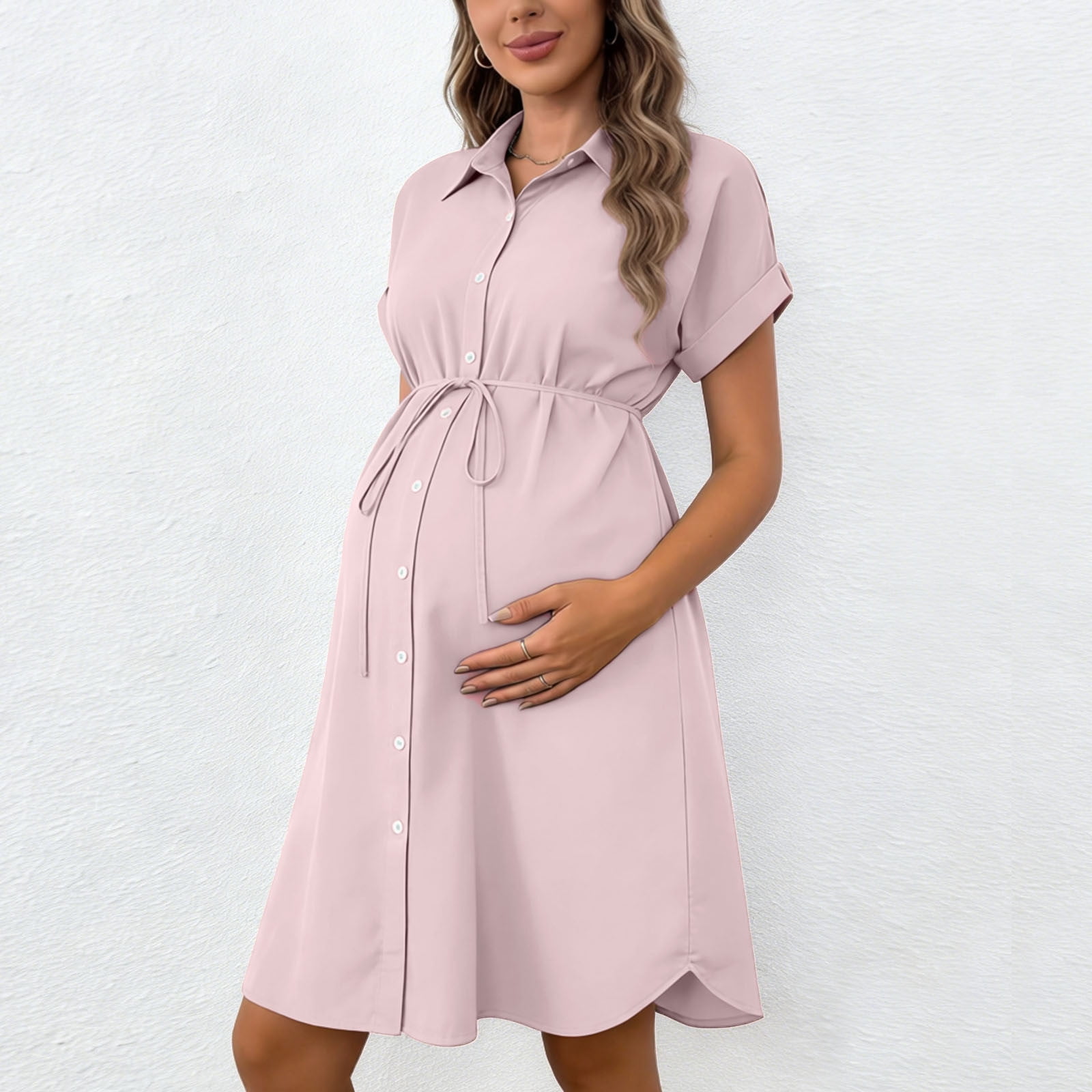 BRGZLK Women's Maternity Dress Short Sleeve Button Down Lapel Elastic ...