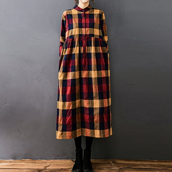 BRGZLK Women's Mori Style Dress Trendy Casual Linen Plaid Single ...