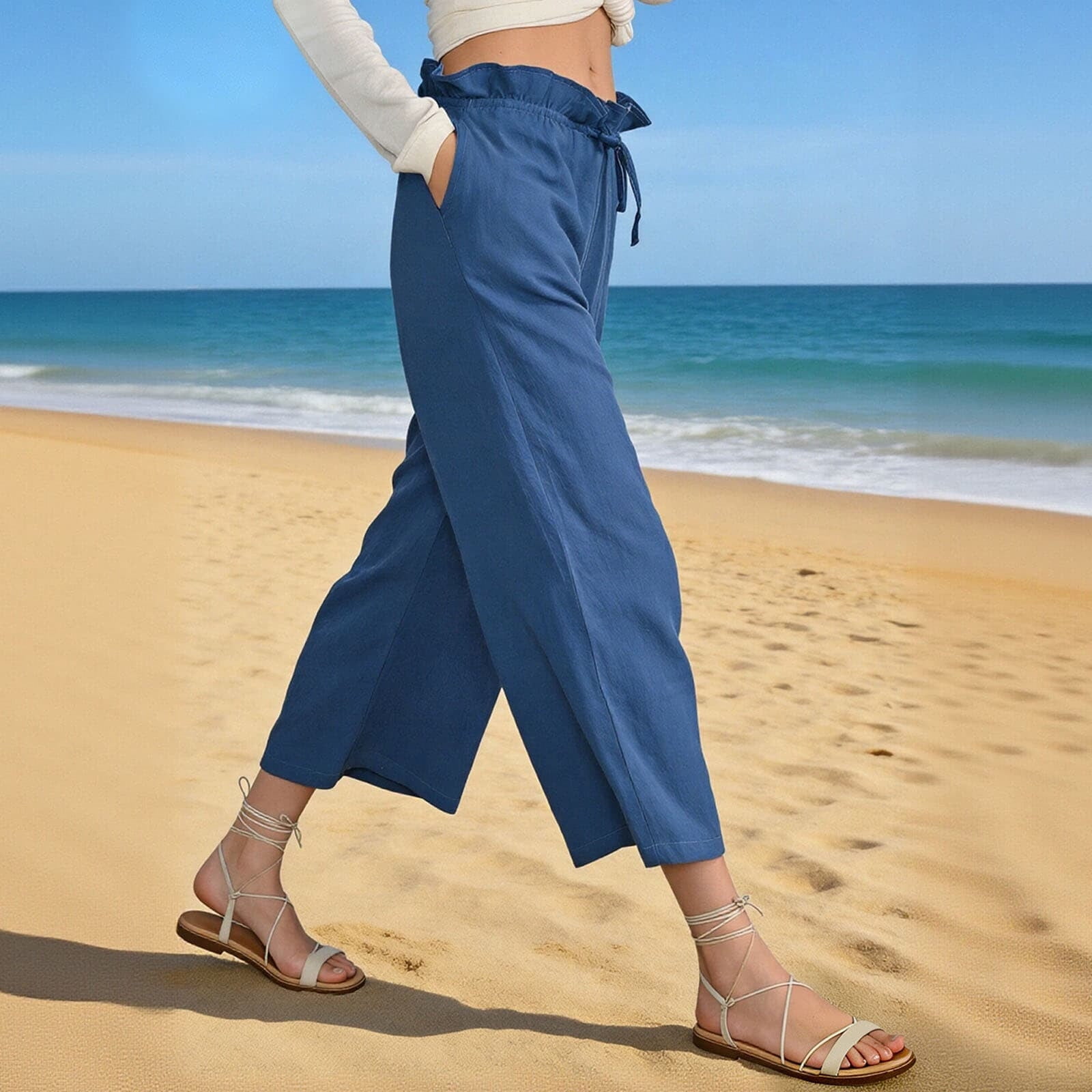 BRGZLK Women's Nine Points Pants Solid Color Drawstring Scallop Edge ...