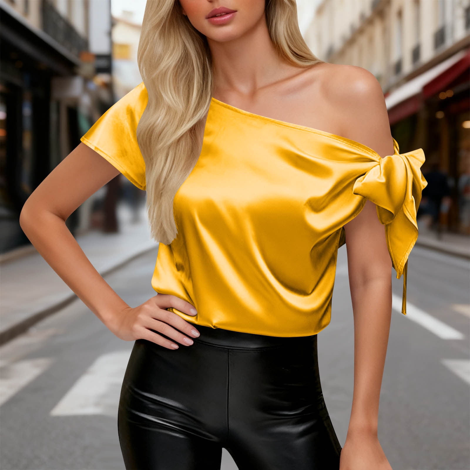 BRGZLK Women's Off Shoulder Silk Topss Casual Short Sleeve Asymmetric ...