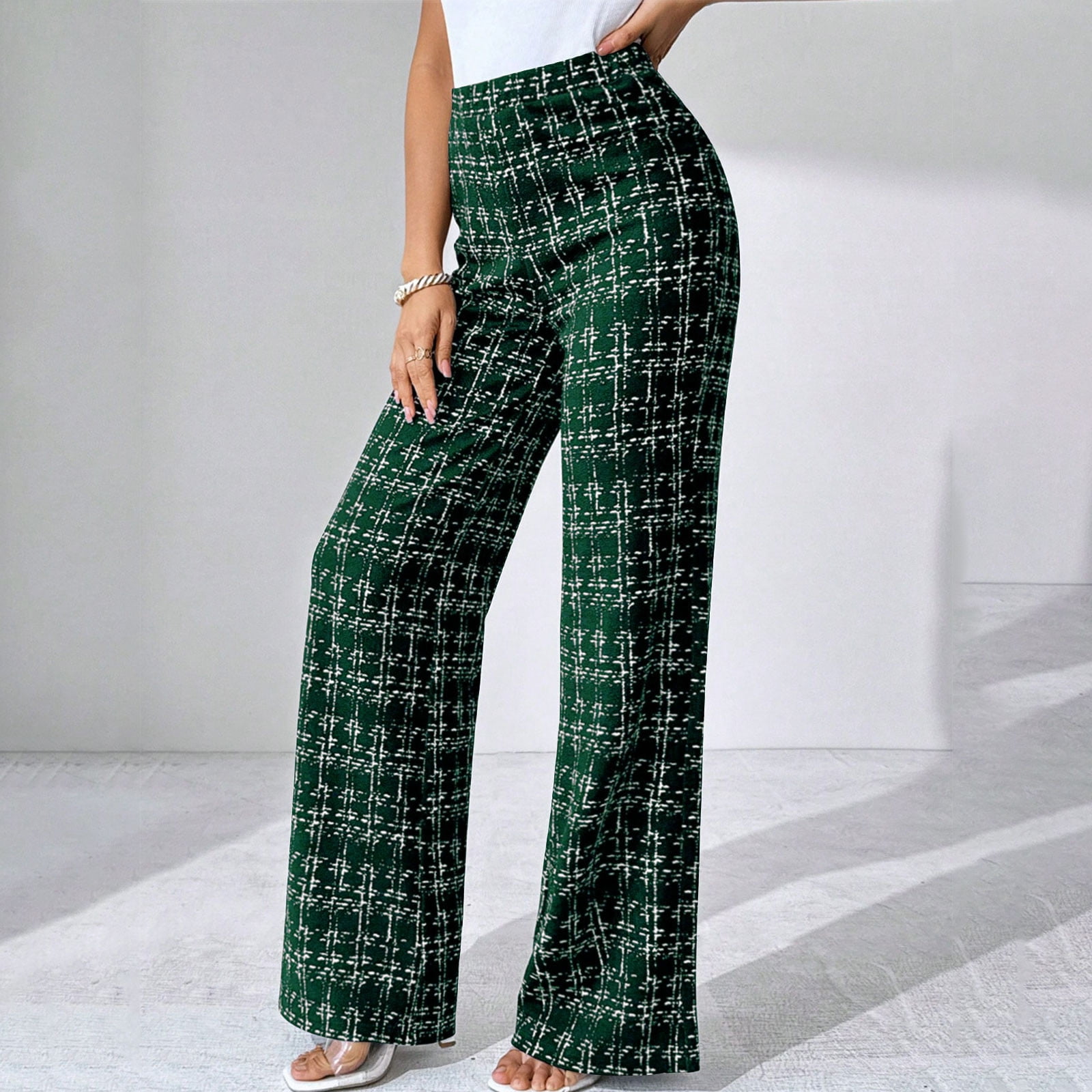 BRGZLK Women's Plaid Bell-Bottoms Dress Pants, High-Waisted Straight ...