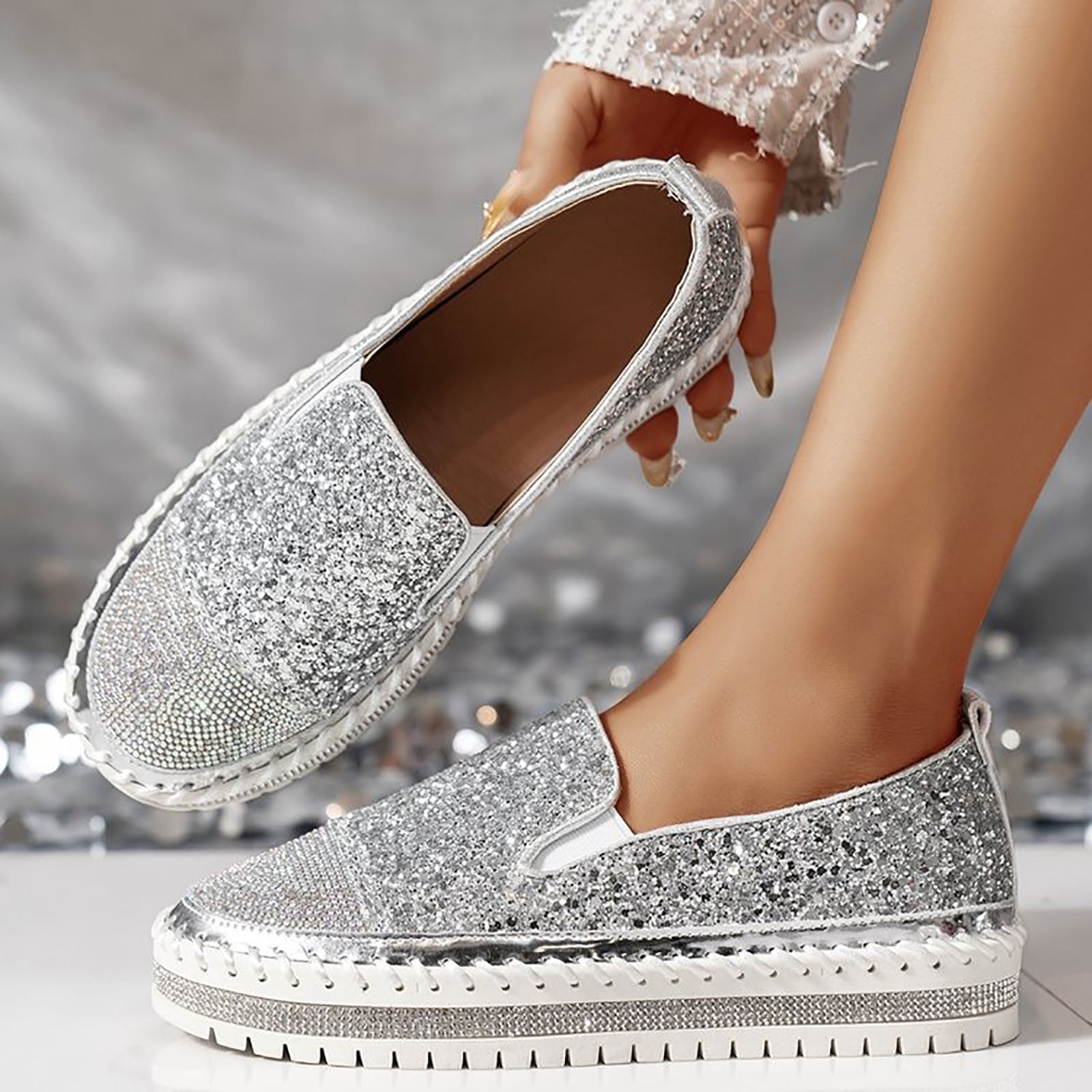 BRGZLK Women's Rhinestone Shoes Fashion Casual Color Block Round Toe ...