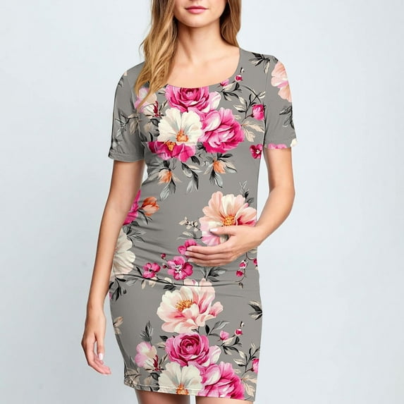 BRGZLK Women's Round Neck Maternity Dress - Short Sleeve Pleated Printed Casual Dress, Knee To ...