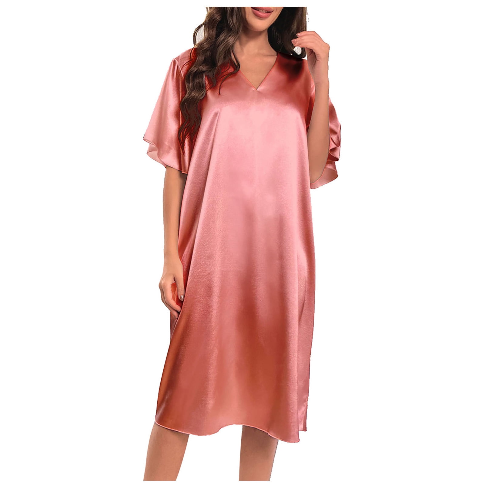 BRGZLK Women's Satin Nightshirt Sleepshirt Silk 3/4 Sleeve Nightgown ...