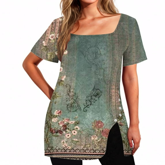 BRGZLK Women's Short Sleeve Square Neck Tops Novel Fashion Print Side ...