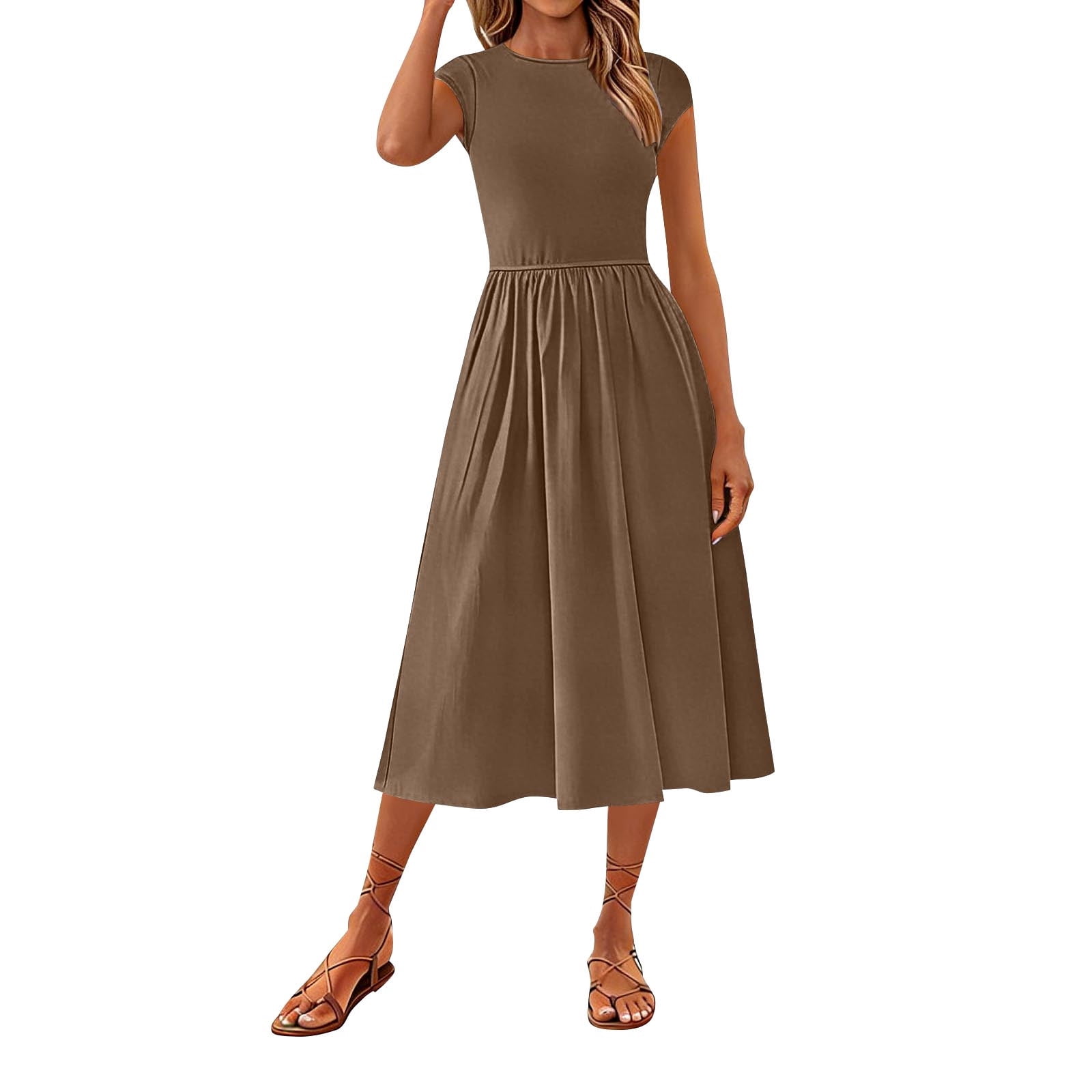 BRGZLK Women's Summer Maxi Dress Solid Color Modest Round Neck Cap ...