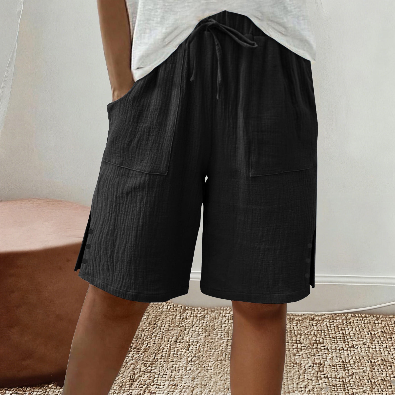 BRGZLK Women's Summer Short Pants Solid Color Loose Straight Leg Side ...