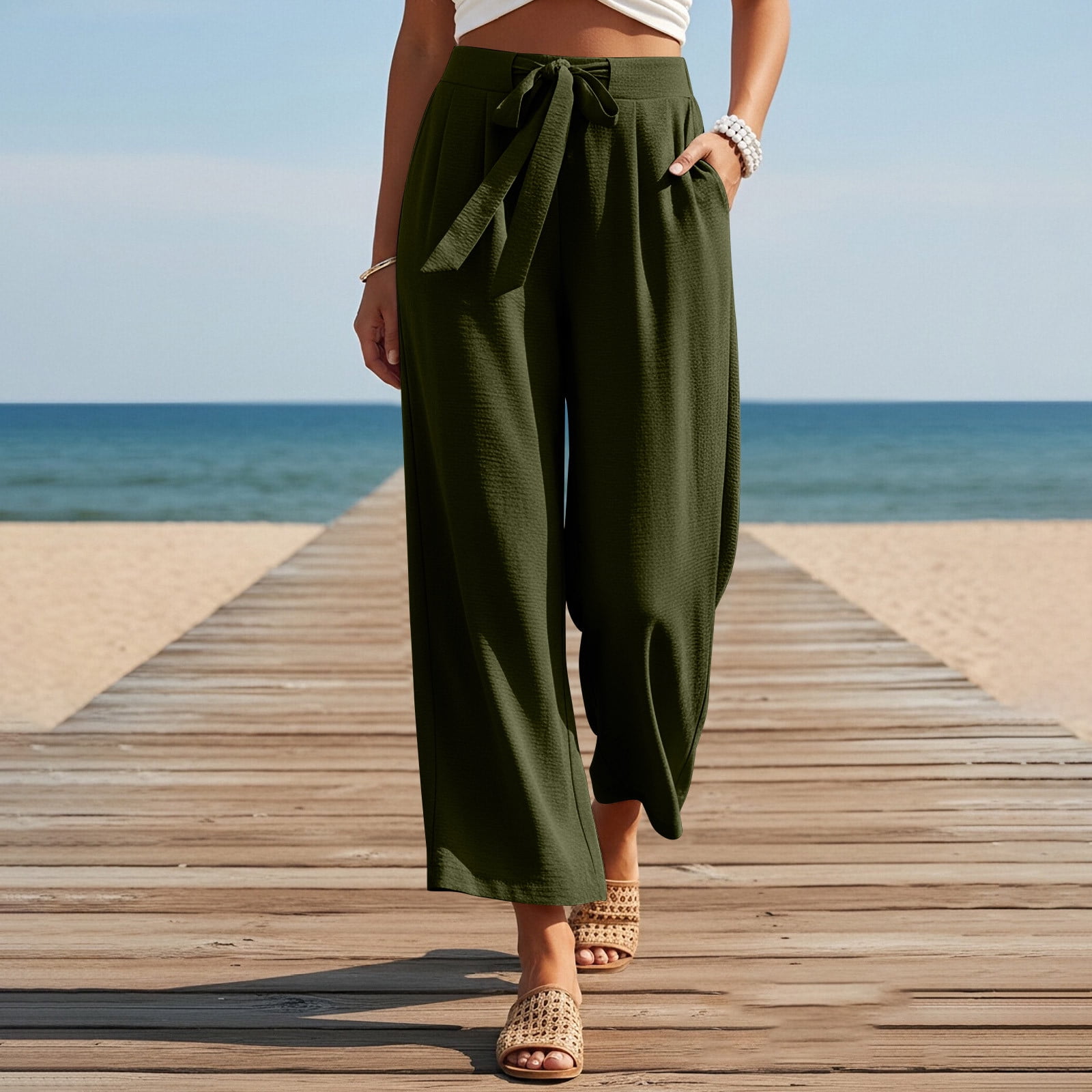 BRGZLK Women's Wide Leg Pants Casual Loose High Waist Solid Color Flowy ...