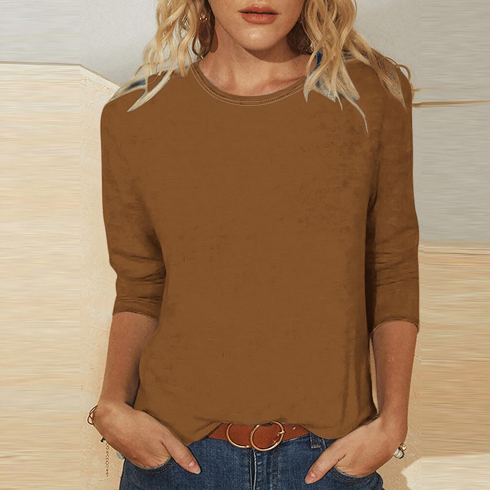 BRGZLK Womens Casual 3/16 Sleeve T Shirts Solid Color Round Neck Loose ...