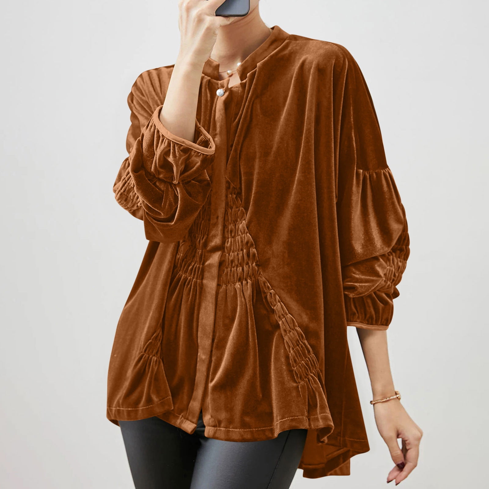 BRGZLK Womens Fall Velvet Tops Trendy Casual Solid Color Long Sleeve ...