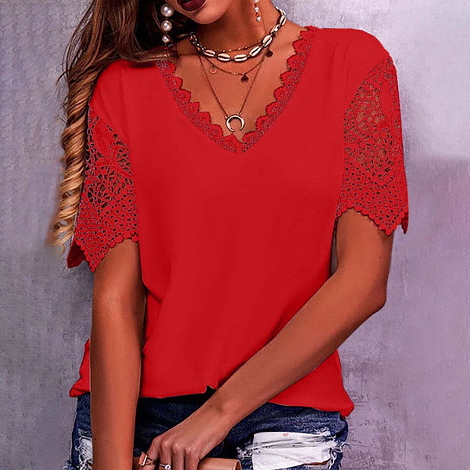 BRGZLK Womens Lace V Neck Tops Trendy Casual Solid Color Summer Loose ...