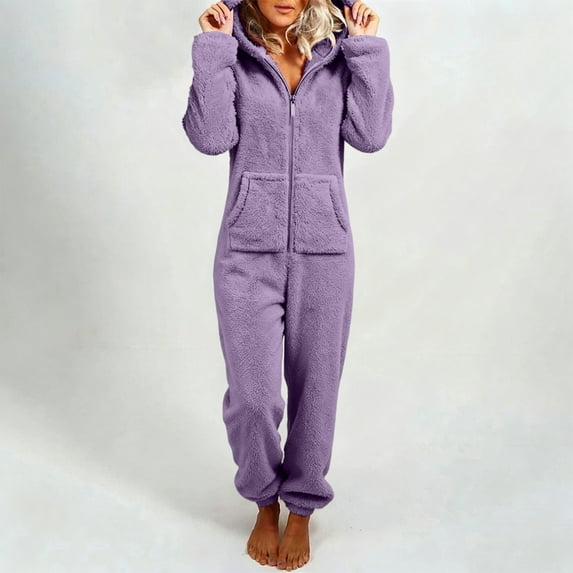 BRGZLK Womens Onesie Homewear Sherpa Hooded Jumpsuit Fuzzy Warm Romper ...