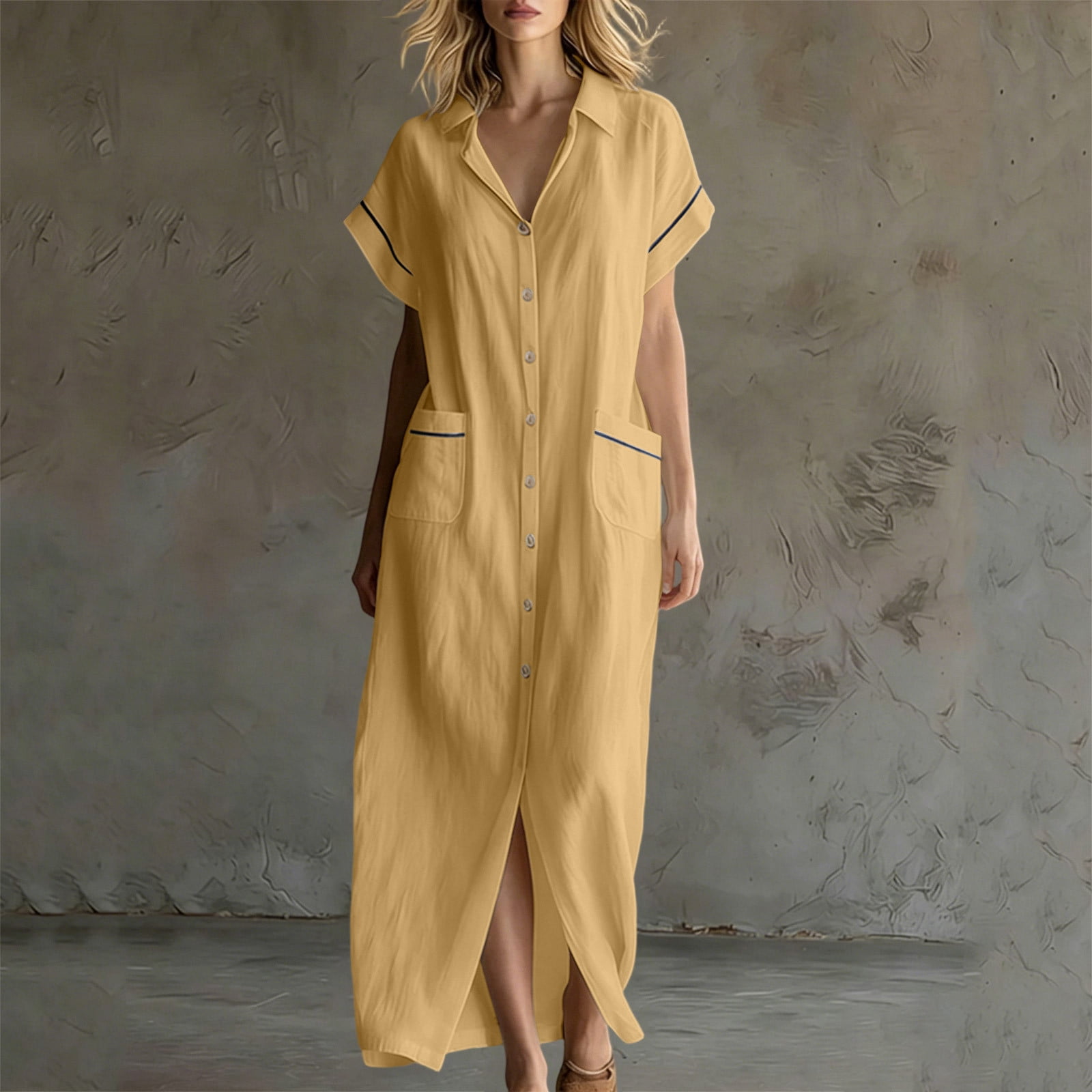 BRGZLK Womens Shirt Dresses Summer Trendy Solid Color V-Neck Button ...