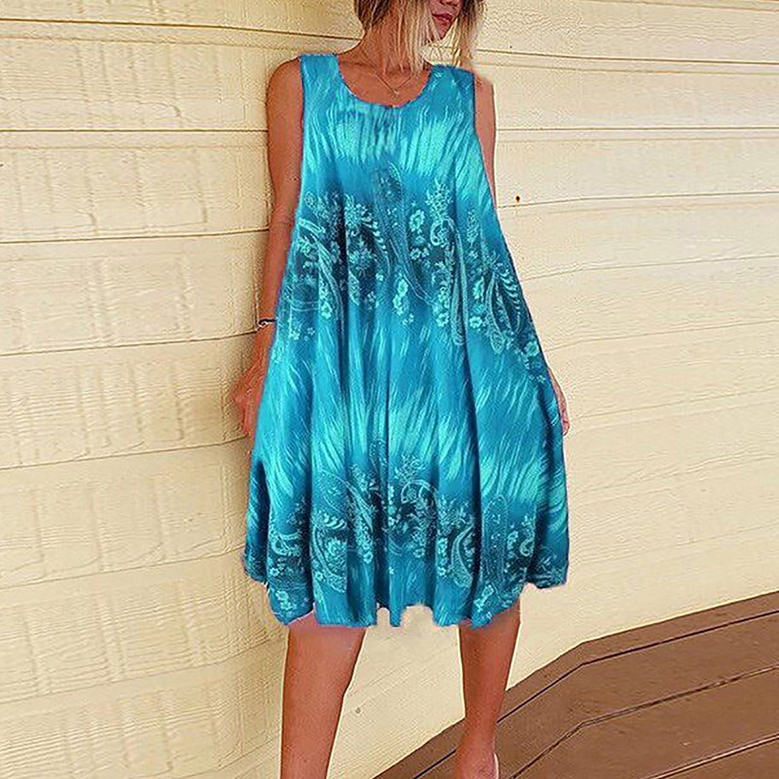 BRGZLK Womens Sleeveless Dresses Summer 2026 Crewneck Hawaiian Floral ...